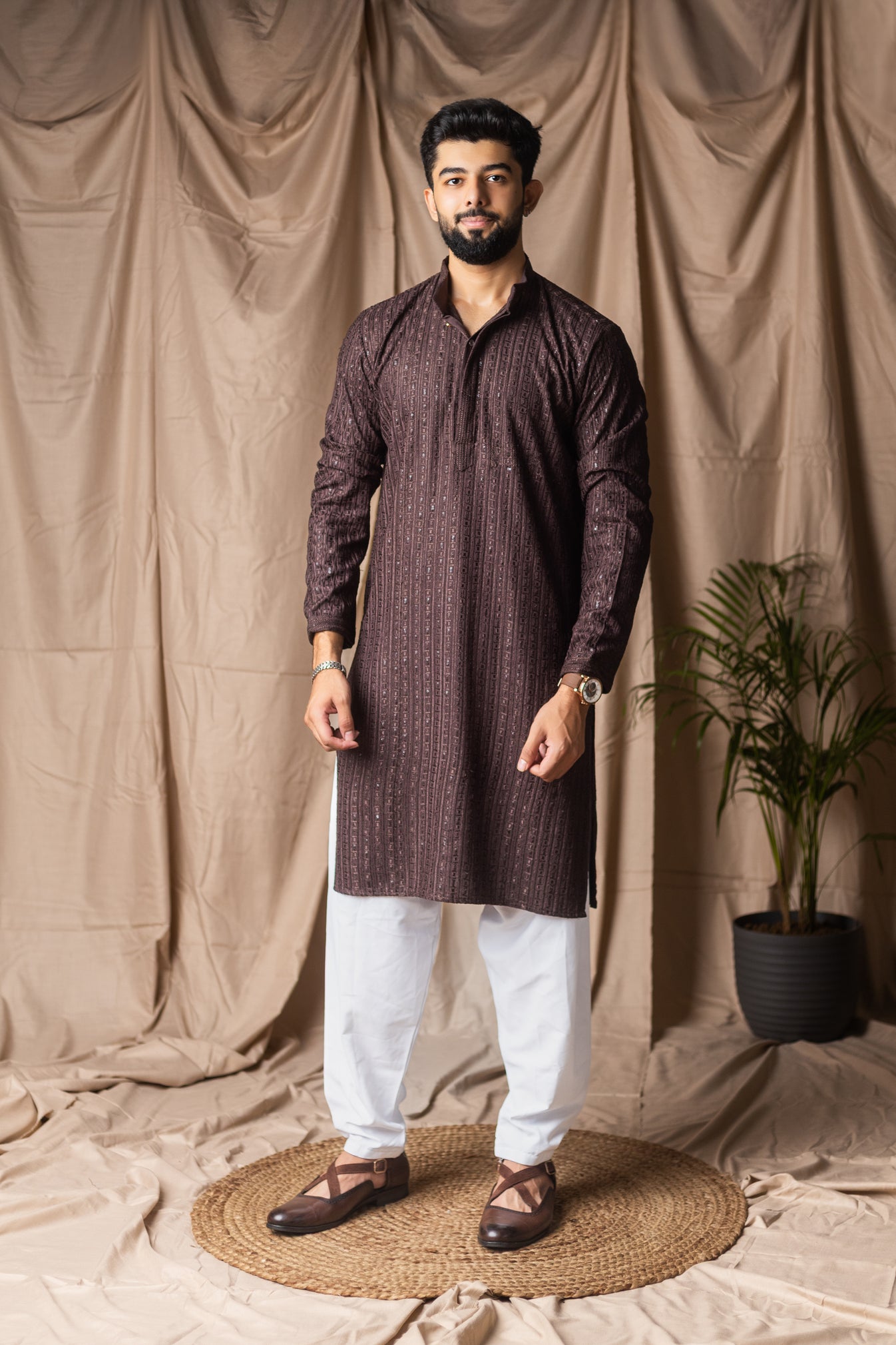 Dark Brown Embroidery and Sequence Kurta